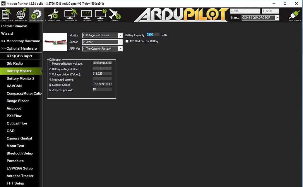 ArduPilot 3.6 ChibiOS how to configure battery monitor for HolyBro ...