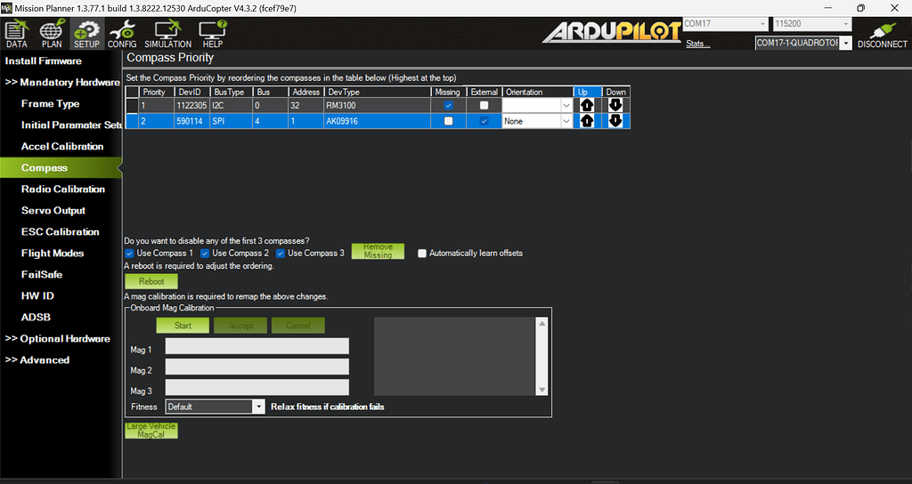 Compass is autodetected but also missing on setup (it worked with 4.0.7) - Copter 4.3 ...
