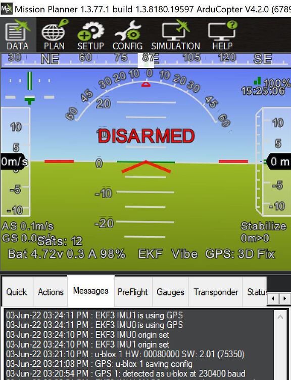 Arducopter 4.2.0 3D GPS Fix but unable to arm PreArm: GPS: waiting for ...
