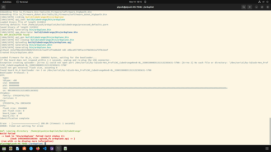 Error : timed out waiting for erase - Pixhawk family - ArduPilot Discourse