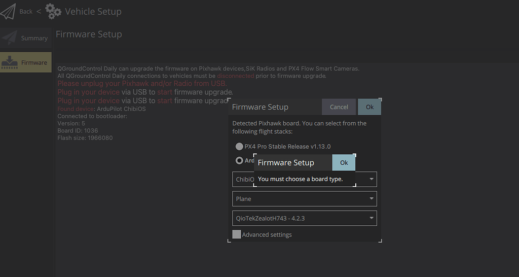 Cannot update QioTek Zealot H743 to ArduPlane 4.2.3 using standard ... Cannot update QioTek Zealot H743 to ArduPlane 4.2.3 using standard ...