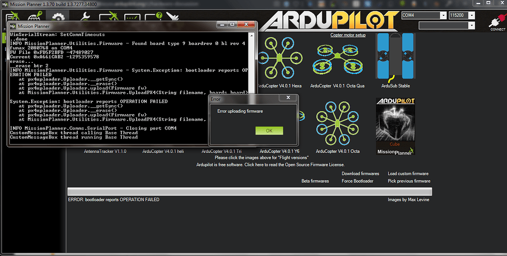 Error: Bootloader reports OPERATION FAILED - Pixhawk family - ArduPilot ...