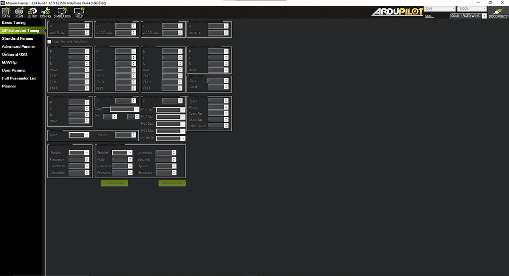 Extended Tuning menu grayed out and all zeroed - Mission Planner ...